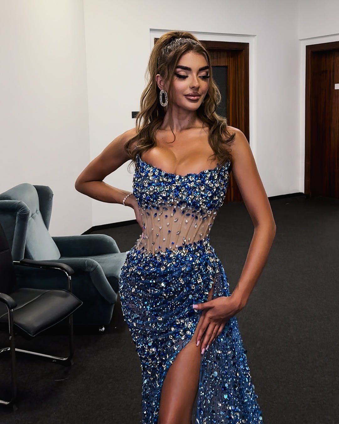 Megi Shehaj in Blini's Blue Dress at Miss Universe - Blini Fashion House Beads Blue Crystals