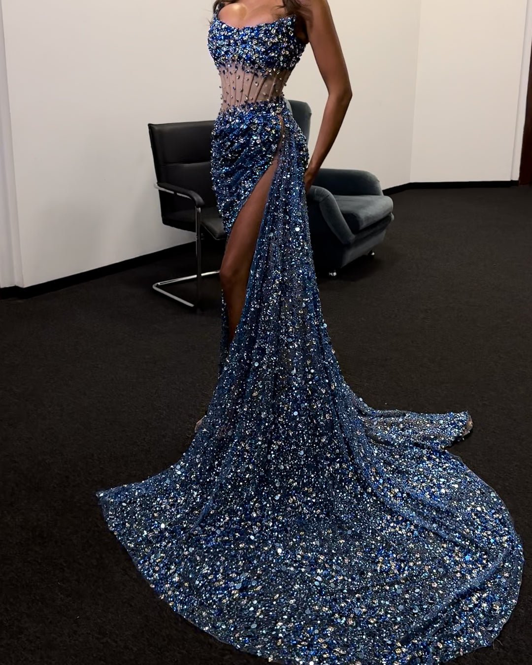 Megi Shehaj in Blini's Blue Dress at Miss Universe - Blini Fashion House Beads Blue Crystals